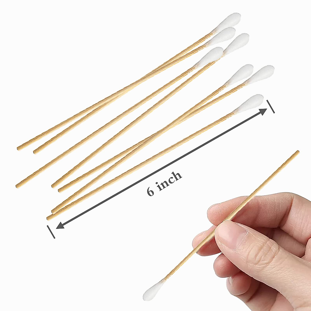 6'' Long Cotton Swabs 200PCS - Cotton Swabs Long Wooden Sticks - Long handle Swabs for Gun Cleaning, Ear Cleaning, Pets Care, Makeup