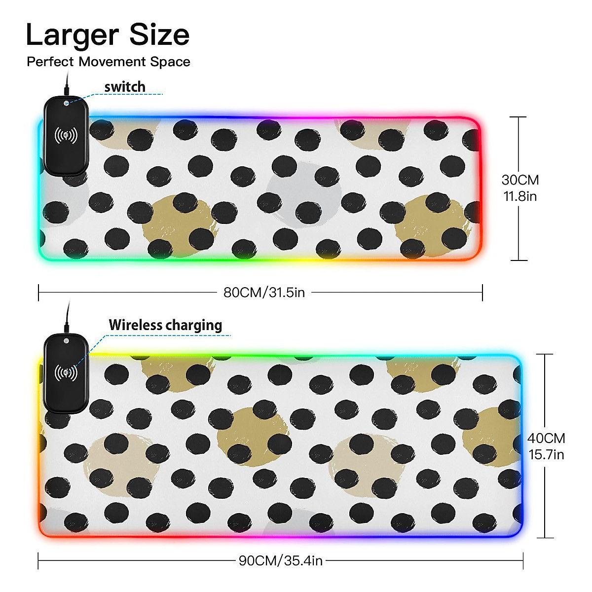 Polka Dot Wireless Charging Mouse Pad for Mobile Phone Extra Large Gaming Mousepad with 13 Lighting Modes Mouse Mat for Gaming MacBook PC Laptop Desk Home Office
