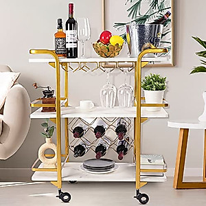 Jubao Gold Bar Cart with 3 Tiers for Stylish Storage, Home Bar Serving Cart with 4 Rows of Glass Holders & 8 Wine Racks, Modern Marbled Solid Wood Cart on Lockable Wheels, Coffee Bar Cart for Kitchen
