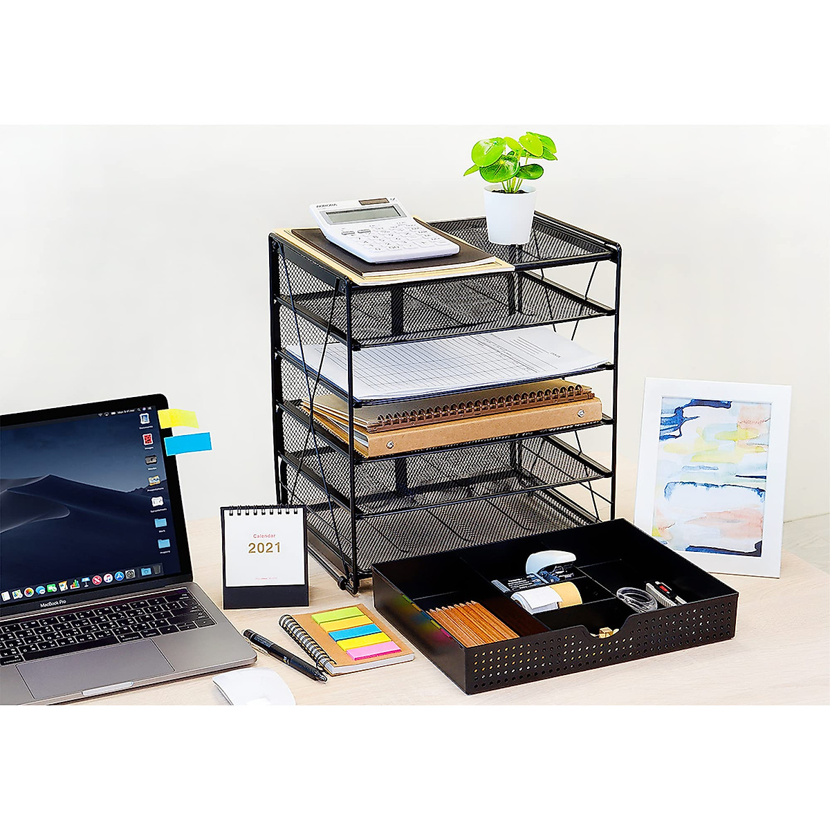 CAXXA 5 Tier Mesh Letter Tray, Desk File Organizer, Desktop Paper Tray Holder with Drawer, Black