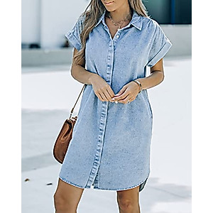 KDF Denim Dress with Pockets for Women Denim Button Down Shirt Jean Dresses for Women 2023 Summer Light Blue Size Small Size 4 Size 6