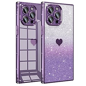 Tzomsze for iPhone 14 Pro Max Case Square [2 in 1] Clear &Glitter Cute Heart Pattern,Full Lens Protection & Electroplate Reinforced Corners Shockproof Edge Bumper Case [6.7 inches] -Purple