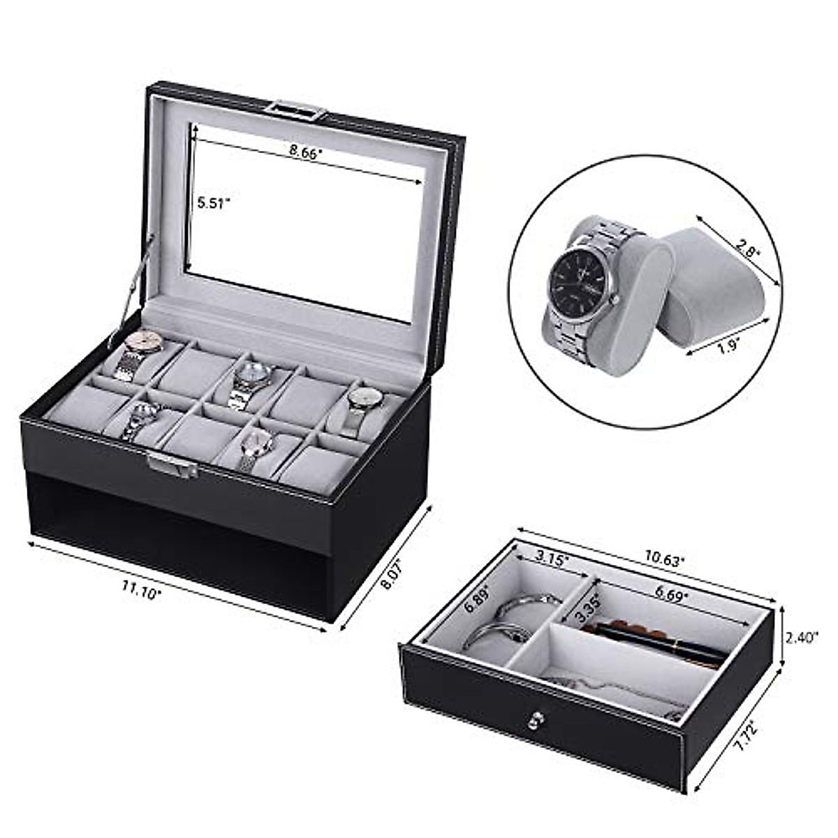 BEWISHOME Watch Box Organizer with Valet Drawer - Real Glass Top, Metal Hinge, Large Holder, Black PU Leather - 10 Slots Watch Storage Case Jewelry Box for Men SSH14B