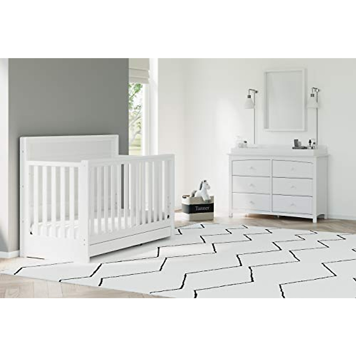 STORKCRAFT Luna 5-in-1 Convertible Crib with Drawer (White) – GREENGUARD Gold Certified, Crib with Drawer Combo, Full-Size Nursery Storage Drawer, Converts to Toddler Bed, Daybed and Full-Size Bed