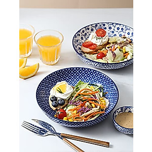 Selamica Porcelain 26 Ounce Pasta Bowls Set of 6, 8 inch Wide and Shallow Salad Bowls, Serving Bowls, Microwave & Dishwasher Safe, Sturdy & Stackable, Vintage Blue