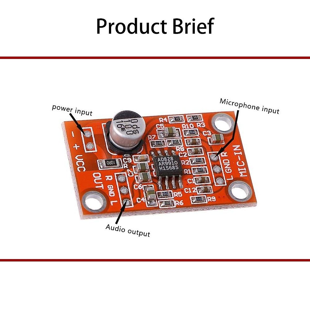 Acxico 1Pcs AD828 Stereo Dynamic Microphone Preamplifier Board Pickup Module DC 3.8V-15V MIC Preamp Module