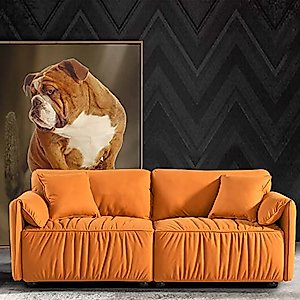 JULYFOX Low Profile Orange Couch Sofa, 75 in Wide Mid Century Modern Sofa Overstuffed Wide Pillow Armrest Lazy Style 2 Toss Pillows Included for Small Living Room