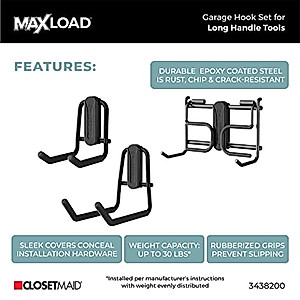 ClosetMaid MaxLoad 3-Pack Garage Hooks & Hangers Wall Mount Heavy Duty Storage for Long Handle Tools, Cords, Hoses, Shovels, Rakes, Brooms, Black