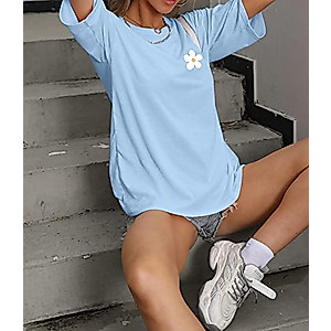 Cioatin Women’s Aesthetic Y2K Oversize Tee Shirt Top Floral Slogan Letter Graphic Drop Shoulder Short Sleeve Tshirt Sky Blue