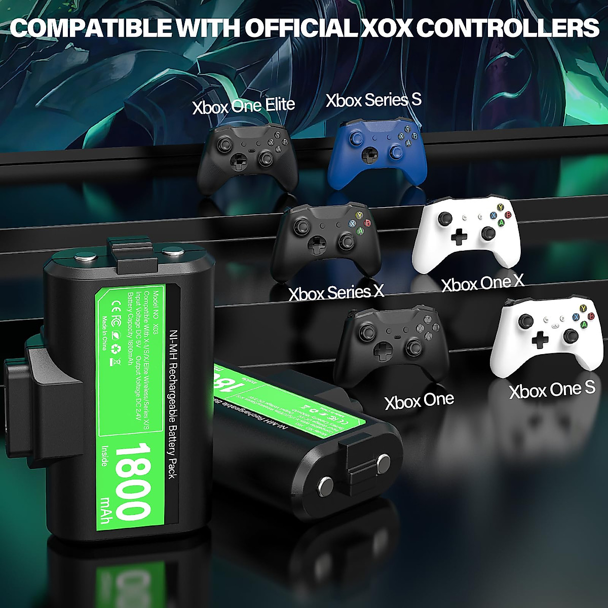 Rechargeable Xbox Controller Battery Pack,2x4800mWh(2x1800mAh) Batteries Pack for Xbox Series S|X/Xbox One S/One X/One Elite,Xbox Battery Charger with USB-C Cable,Xbox Accessories with 4 Cover(2 Pack)