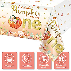 3Pcs Fall Floral Little Pumpkin Baby Shower Tablecloths,Plastic Our Little Pumpkin is Turning One Table Cover for Autumn Thanksgiving Glitter Flower Baby Shower Decoration and Supplies,54X148 inches