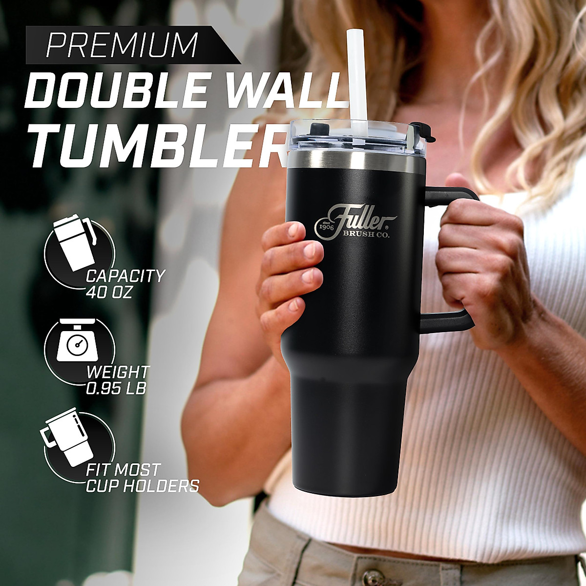 Fuller Brush Stainless Steel Tumbler with Handle - 40 oz. – Lead & BPA-Free - Double-Wall Insulated Travel Mug – Keeps Drinks Hot or Cold for Hours – Spill-Resistant Lid & Straw (Charcoal Gray)