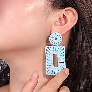 Statement Raffia Earrings Boho Drop Earrings Geometric Dangle Earrings for Women Handmade Straw Earrings Beach Earrings(Skyblue)