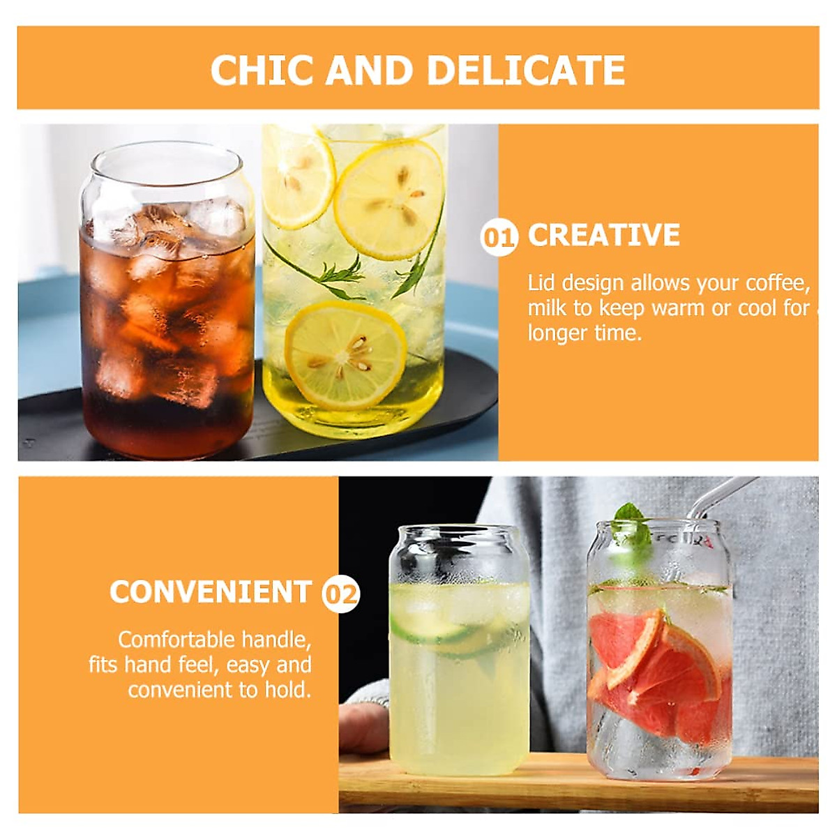 DOITOOL 2PCS Beer Can Glass with Lid and Straw, 18.6 oz Can Shaped Glass Cup with Lids ans Straw, Drinking Glass Cup with Glass Straw for Juice, Beer, Soda, Iced Drinks and Cocktails ( 550ml )