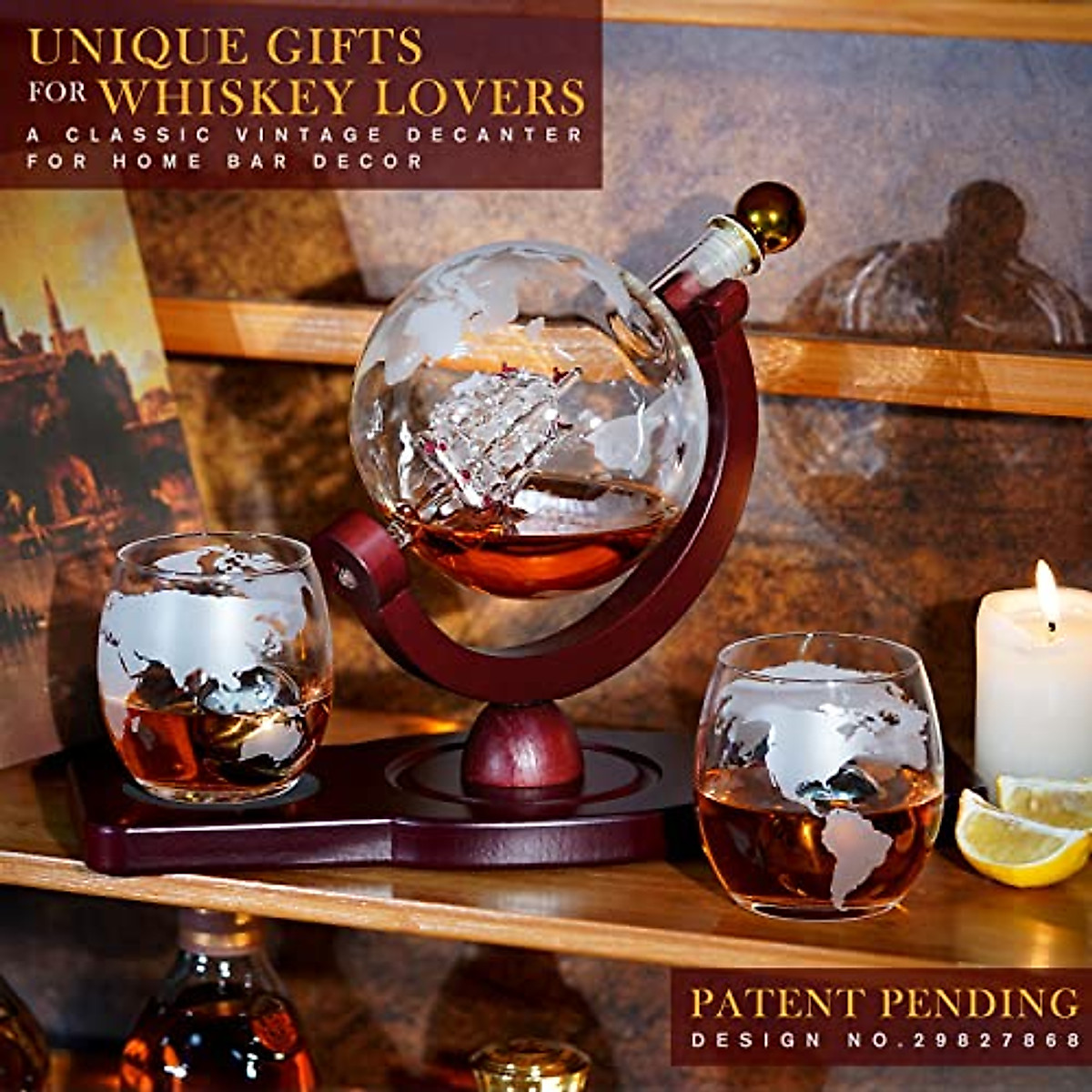 Gifts for Men Dad, Whiskey Decanter Globe Set with 2 Ball Stones & 2 Glasses, Anniversary Birthday Gifts for Him Husband, Unique Christmas Gift for Bourbon Scotch Liquor Vodka, Cool Stuff
