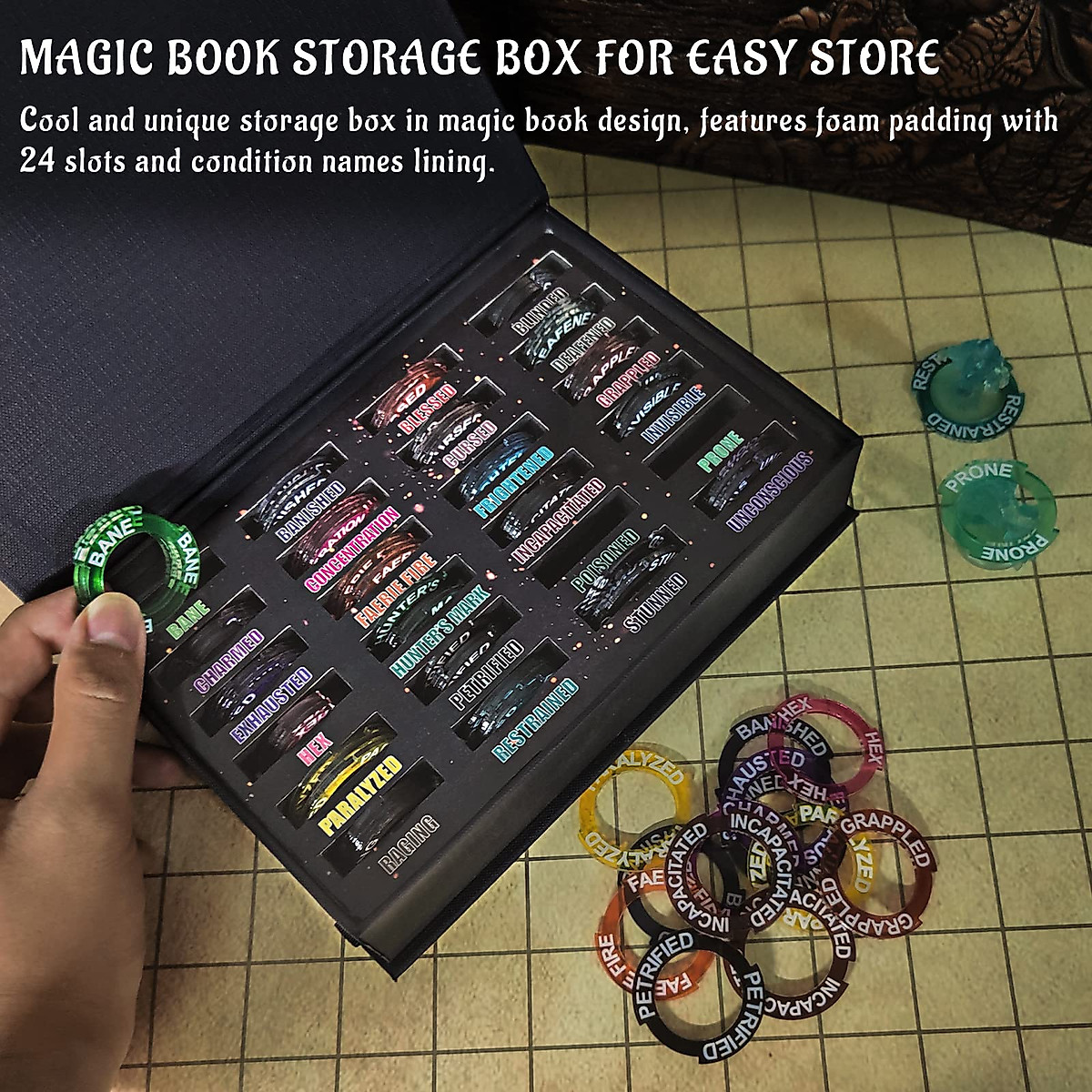 CZYY Upgraded Condition Rings 96 PCS Status Effect Markers in 24 Conditions & Spells Magic Book Storage Box Great DM Tool for Dungeons & Dragons, Pathfinder, D&D and RPG Miniatures