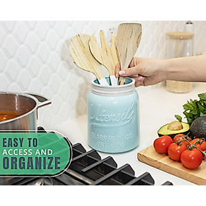 Comfify Wide Mouth Mason Jar Utensil Holder Decorative Kitchenware Organizer Crock, Chip Resistant Ceramic, Dishwasher Safe - Kitchen Caddy Aqua Blue for Countertop, Large Size 7" High