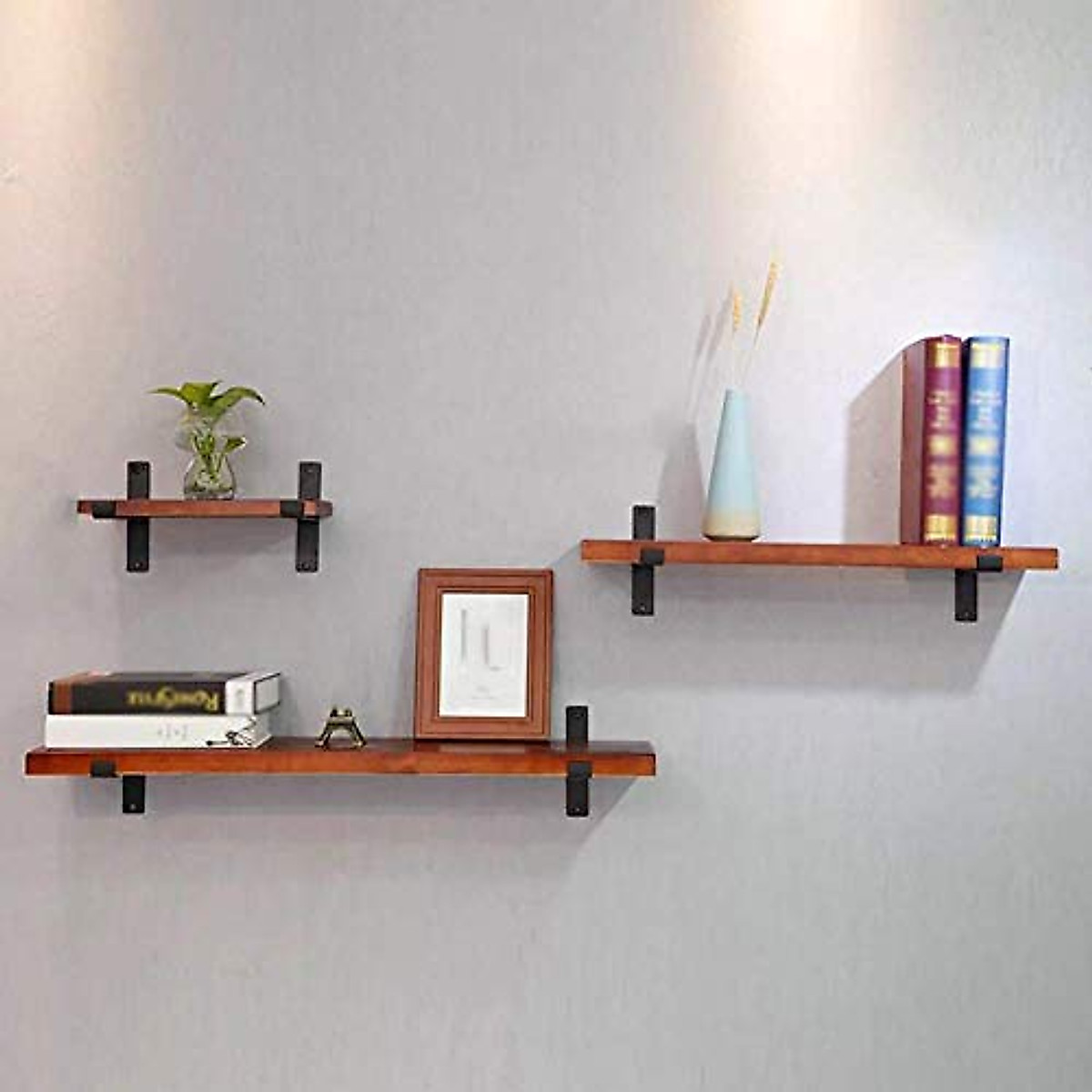 PIBM Stylish Simplicity Shelf Wall Mounted Floating Rack Shelves Solid Wood Metal Bracket Separator Plate Multifunction Small Items Wear Resistant Save Space,8 Sizes, Wood Color , 60x30x2cm