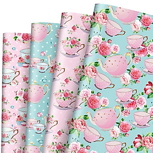 JarThenaAMCS 8 Sheet Tea Party Wrapping Paper -Not Roll- Watercolor Pink Floral Teapot Gift Wrap Paper Folded Flat Art Paper for DIY Crafts Gift Wrapping