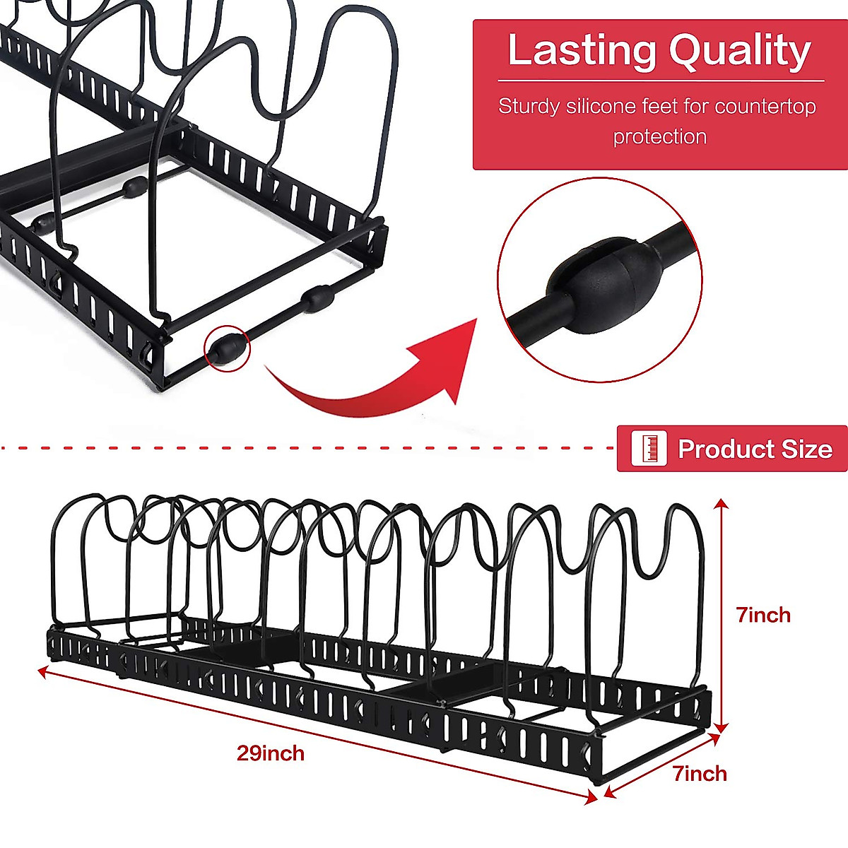X-cosrack 11 Dividers Pot Pan Lid Rack Bakeware Cupboard Organizer, Expandable, Patent Pending. Black