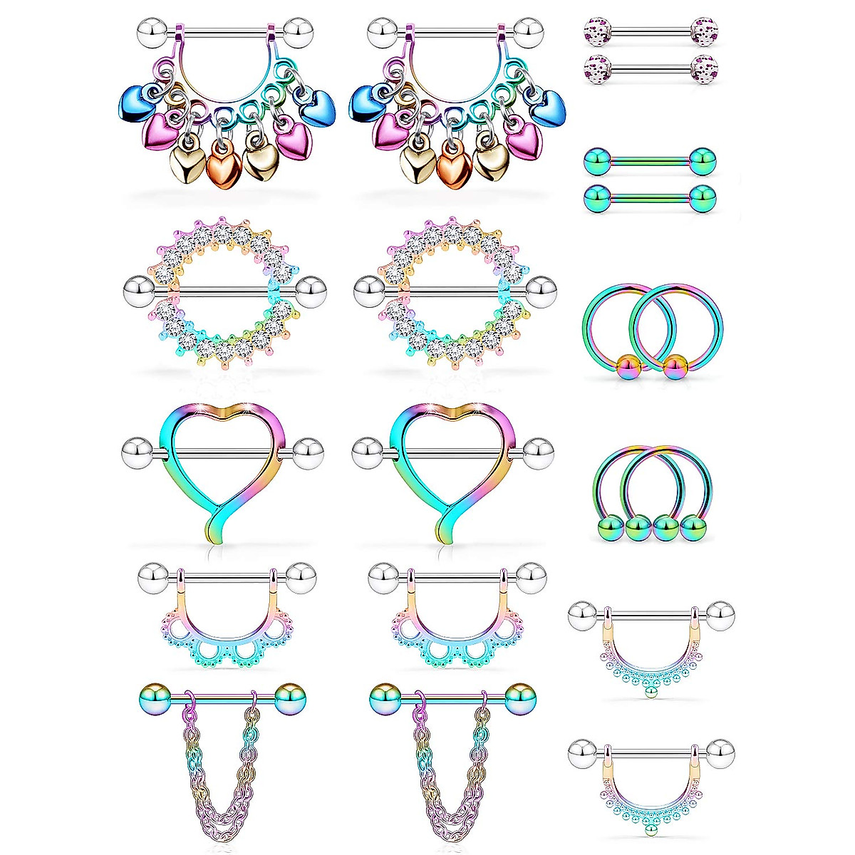 Ftovosyo 20Pcs Nipple Ring 14G Surgical Steel Tongue Nipplerings Barbell Bar Hoop Rings Retainer CZ Heart Chain Dangle Nipple Piercing Jewelry for Women Men 14MM (9/16 Inch) Rainbow