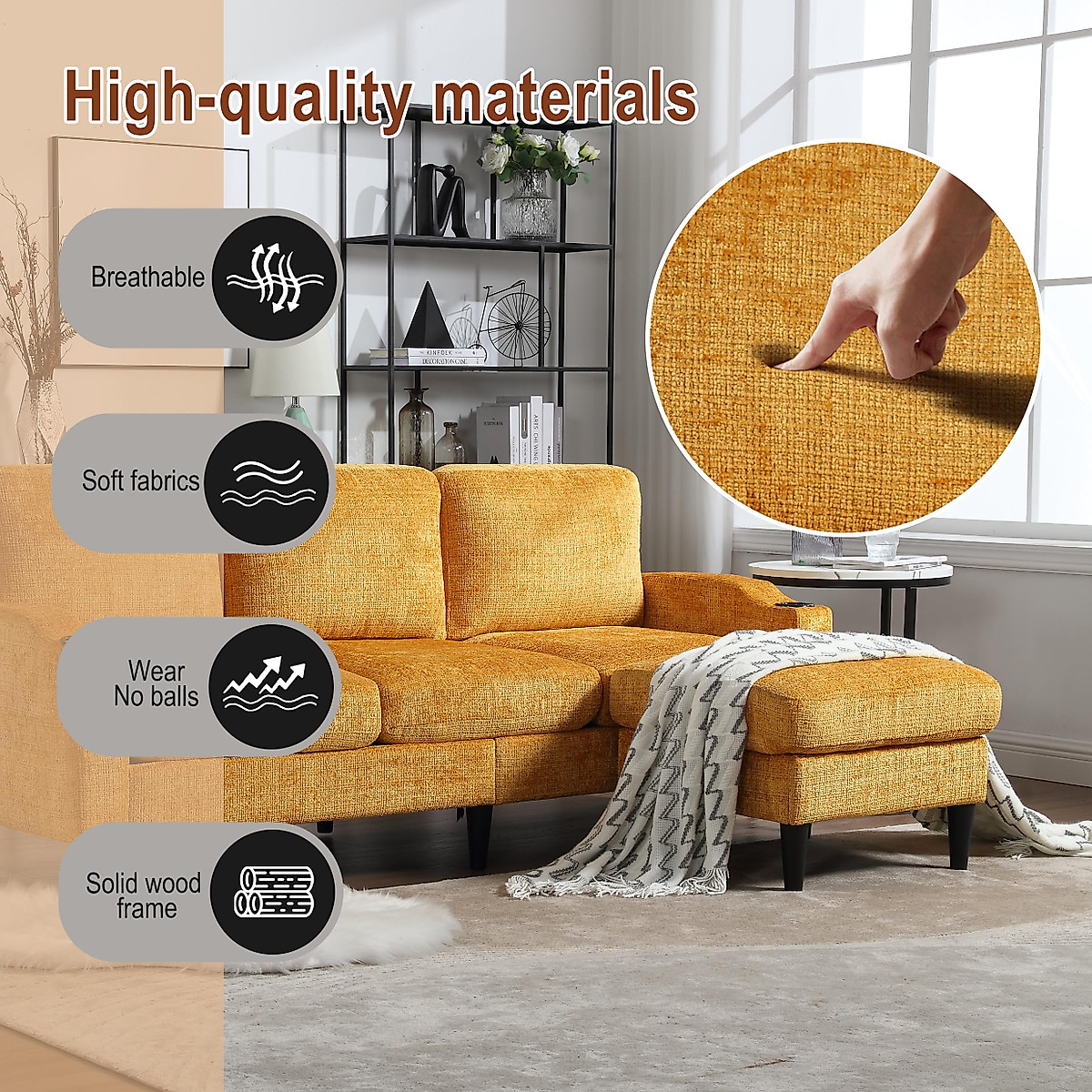 Tongbaiyi 77" Convertible Sectional Sofa Couch, Yellow 3 Seat L Shaped Sectional Couches with Chenille Fabric,Storage Ottoman, Cup Holder and Magazine Bags for Home, Apartment, Dorm, Compact Spaces