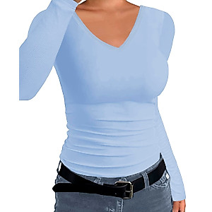 Afibi Women Ribbed Long Sleeve V Neck Slim Fit Stretchy Basic T Shirts Tops (Medium, Sky Blue)
