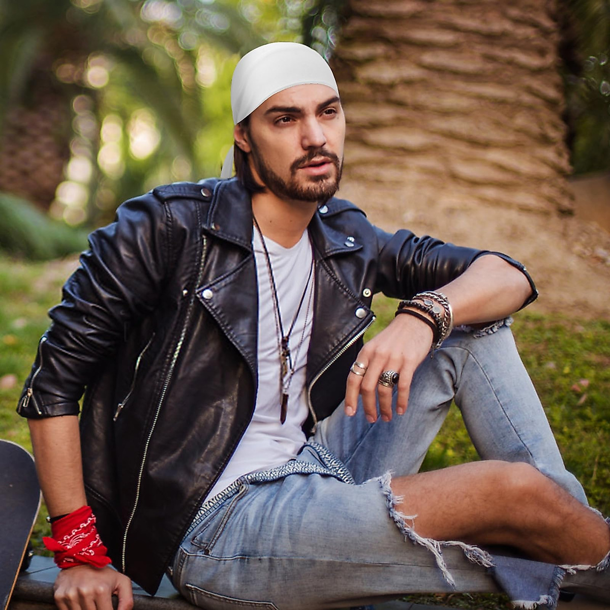 DOCILA Do Rags for Men Sweat Wicking Biker Motorcycle Helmet Liner Skull Cap Quick Drying Helmet Liner Doo Dew Rag Head Bandana Durags Pirate Accessories Head Wrap Black White Red