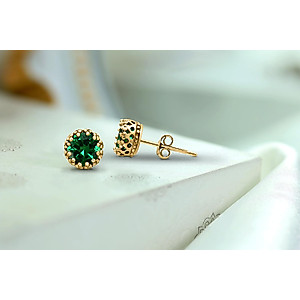 Yellow Gold Flashed Sterling Silver Simulated Emerald Crown Stud Earrings