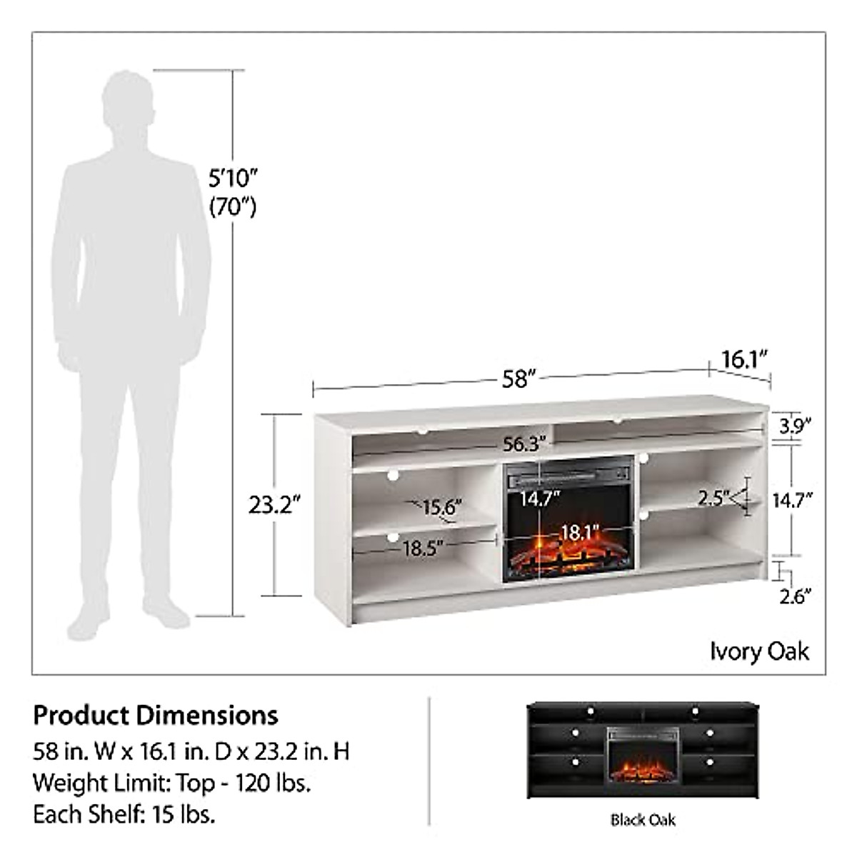 Ameriwood Home Hendrix 65" TV Stand with Electric Fireplace Insert and 6 Shelves, Black Oak