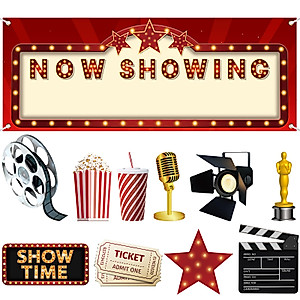 12 Pieces Movie Night Party Decorations Now Showing Banner Red Carpet Backdrop Movie Backdrop Double Sided Printing Red Carpet Cutouts Movie Party Cards Photo Booth Props Movie Night Party Supplies