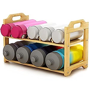 KOK KAY Water Bottle Organizer, Stackable Wine Rack Storage, 2 Layers Holds up to 10 Bottles, Adjustable Bamboo Water Bottle Storage Organizer Rack