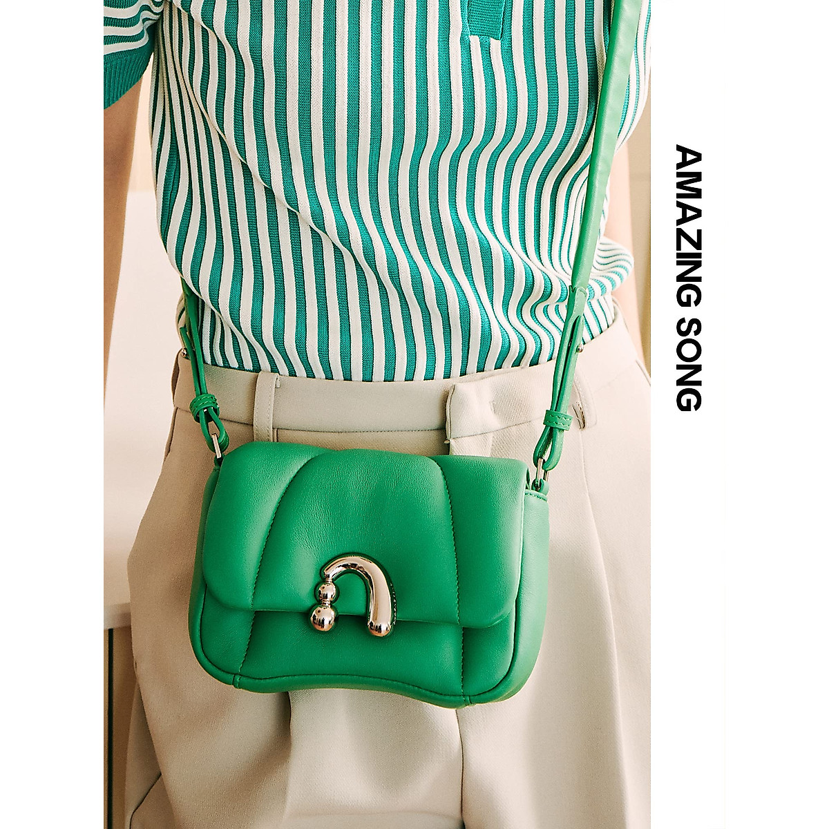 Amazing Song Small Quilted Crossbody Bags for Women, Designer Calfskin Leather Handbag Purse with Removable Strap, Alpha Bag