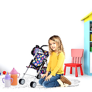 fash n kolor® - Doll Stroller My First Baby Doll Strollers Toy - Flower Design with Basket in The Bottom- Doll Accessories 2 Free Magic Bottles Included - New Year Gift, Boys, Girls