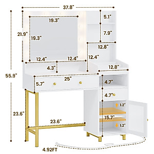 VIAGDO White Vanity Desk with Mirror and Lights, Makeup Vanity with Charging Station & 3 Storage Compartments, Makeup Desk with Drawers and Open Storage Shelves, Bedroom Dressing Table