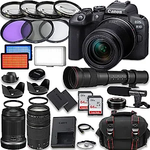 Canon EOS R10 Mirrorless Camera RF-S 18-150mm is STM + 75-300mm III + 420-800mm HD Lenses + Accessories: 2X 64GB Memory Cards, LED Video Light, Case & More (Renewed)