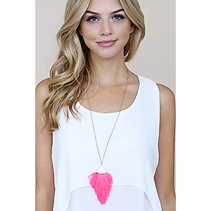 RIAH FASHION Antique Bohemian Silky Thread Fan Tassel Statement Necklace - Vintage Gold Feather Shape Strand Fringe Lightweight Long Chain (Feather Fringe - Hot Pink)