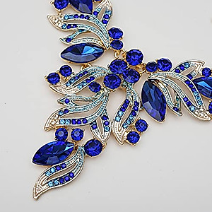 chaoyite Leaf Shape Bridal Costume Jewelry for Bride Wedding Necklace Earrings Bracelet Ring Sets Prom Dress Accessories(Royal Blue-gold tone)