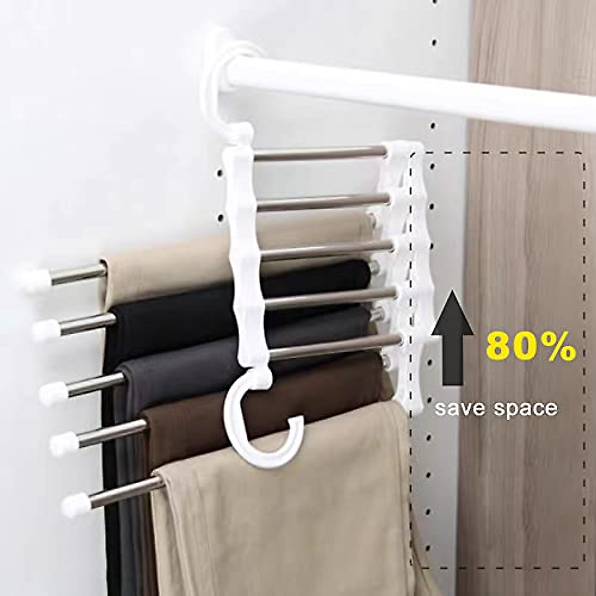 News_Inter 5pc Pants Hangers Space Saving Non-Slip Clothes Organizer, 5 in 1 Multifunctional Layered Pants Rack for Trousers Scarf and Travel Storage (Silver - 5 pc)