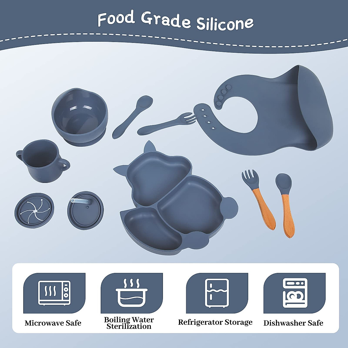 Silicone Baby Feeding Set,11Pack Toddlers Weaning Feeding Sippy Cup with Straw and Lid,Baby Bibs,Squirrel Plate Bowl With Suction,Baby Feeding Supplies Set (Squirrel-Deep Blue)