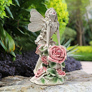 JOEL Solar Garden Statues - Outdoor Garden Decor - Rose Fairy Figurine with 4 Waterproof LED Lights - Angel Art Home Decoration for Yards/Lawn- Unique Housewarming Birthday Gift for Women,Mom,Grandma