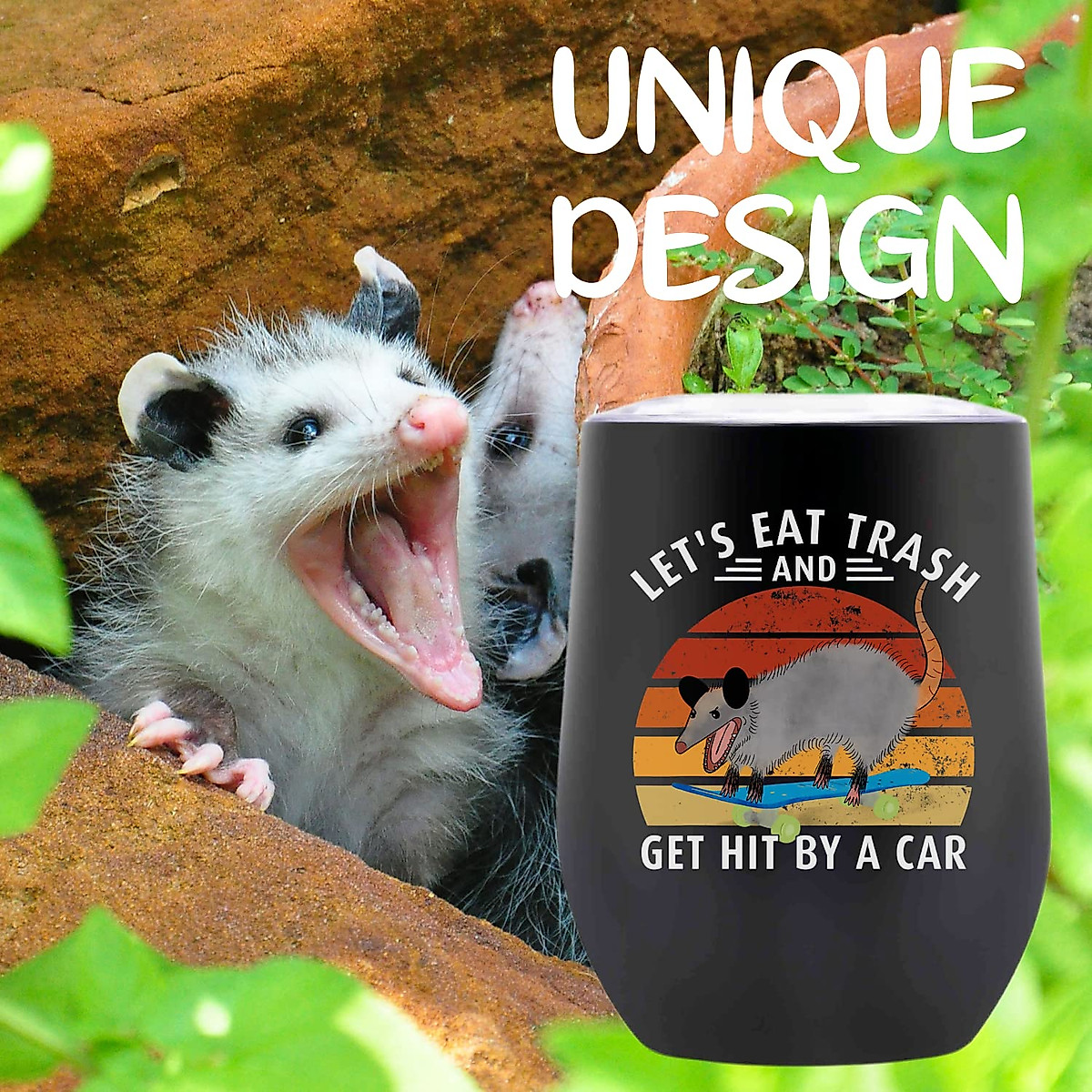 Funny Possum Gifts for Women & Men, Unique Gifts for Possum Lover, Possum 12oz Wine Tumbler with Spill-Proof Lid, Opossum Gifts, Gift Box Included - Let's Eat Trash And Get Hit By A Car