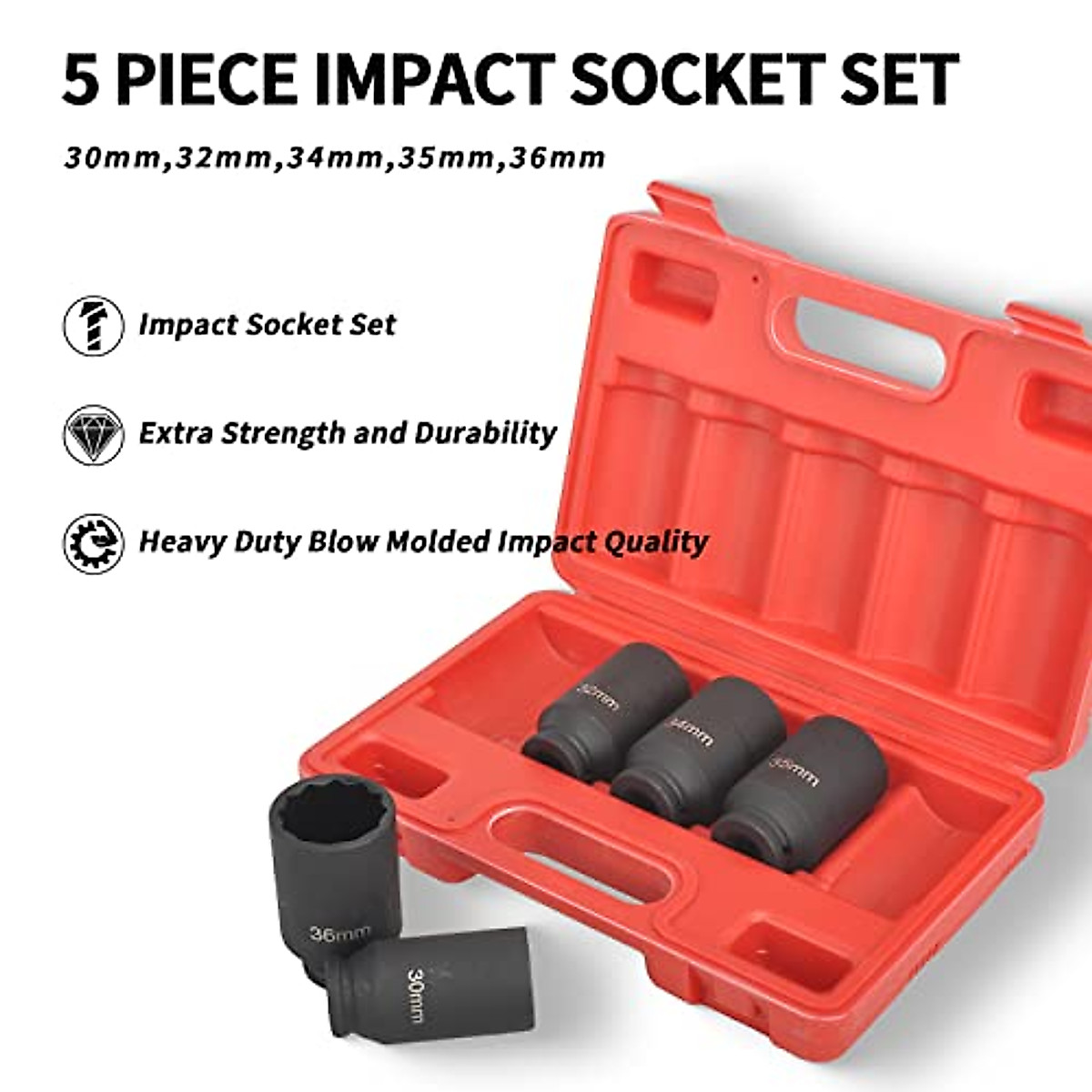 TBAPFS 5Pcs 1/2" Drive Deep Impact Socket Set 12 Point Metric 30mm 32mm 34mm 35mm 36mm Drive Spindle Axle Hub Nut Socket Set,Heavy Duty w/Portable Storage Case,Use In Removing And Installing Axle Nuts
