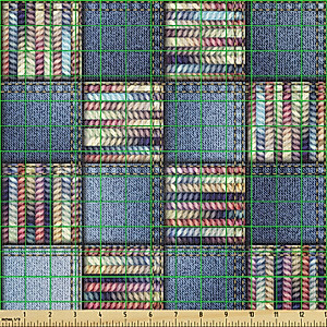 Lunarable Geometric Fabric by The Yard, Quilt Design with Scraps of Denim and Knit Graphic Colorful Melange Print, Stretch Knit Fabric for Clothing Sewing and Arts Crafts, 2 Yards, Blue Color