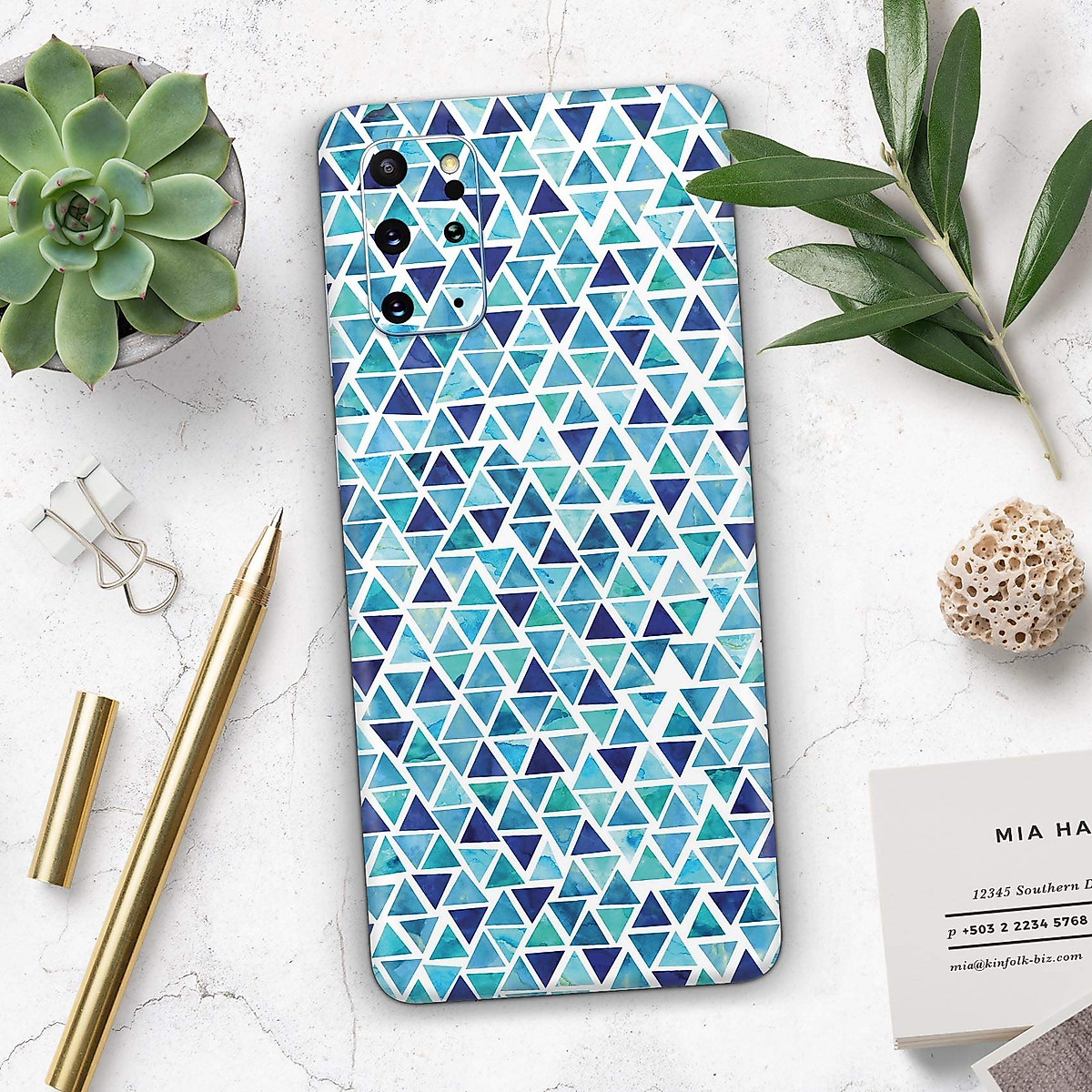 DesignSkinz Blue Watercolor Triangle Pattern Protective Vinyl Decal Wrap Skin Cover Compatible with The Samsung Galaxy S20 (Screen Trim & Back Glass Skin)