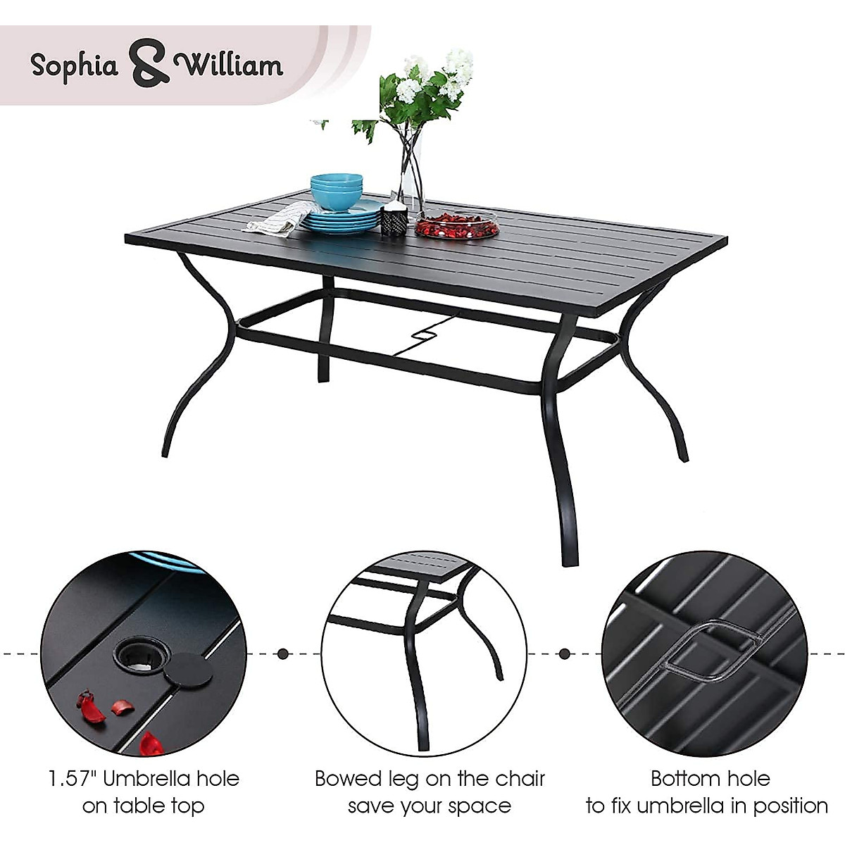 Sophia & William Patio Dining Set 7 Piece Wicker Outdoor Table and Chairs Furniture Set, 6 High-Back Rattan Chairs and 1 Metal Rectangular Dining Table with Umbrella Hole