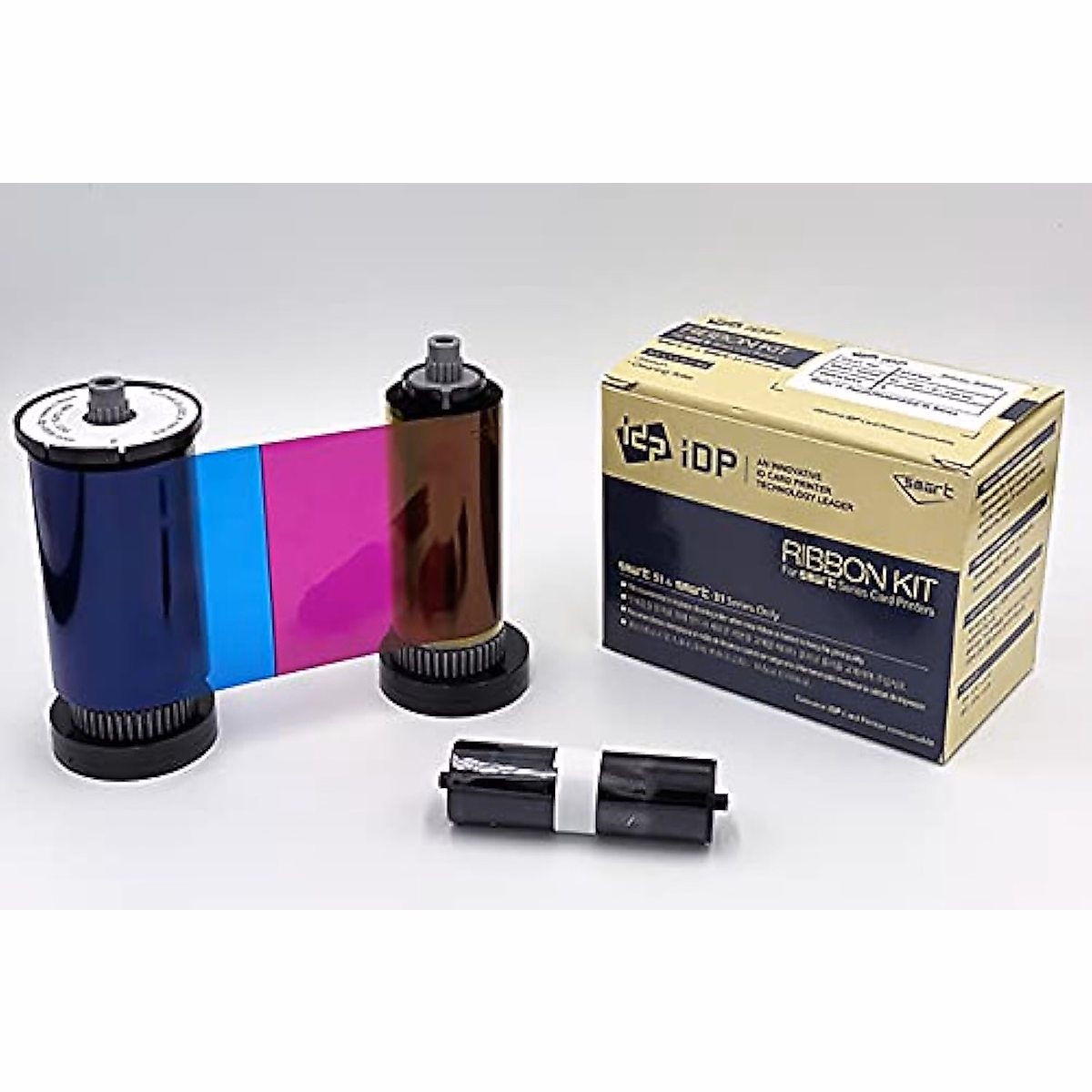 IDP SMART-31 and SMART-51 Series ID Card Printer Ribbon - YMCKO Full-Color, Resin Black and Overlay Panel Ribbon with Cleaning Roller, 250 Cards/roll