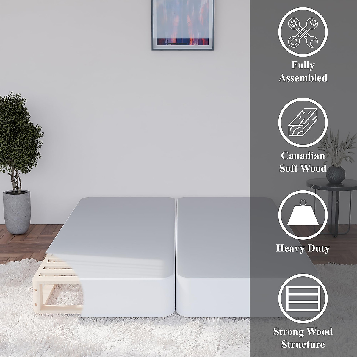 Greaton, 8-Inch Sturdy Box Spring for Mattress Support-Durable and Fully Assembled, Natural Wood Foundation for Queen, White