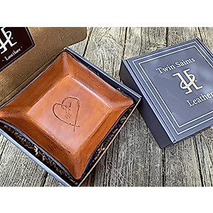 3rd Anniversary Leather Tray. Distressed Leather Valet with Heart.