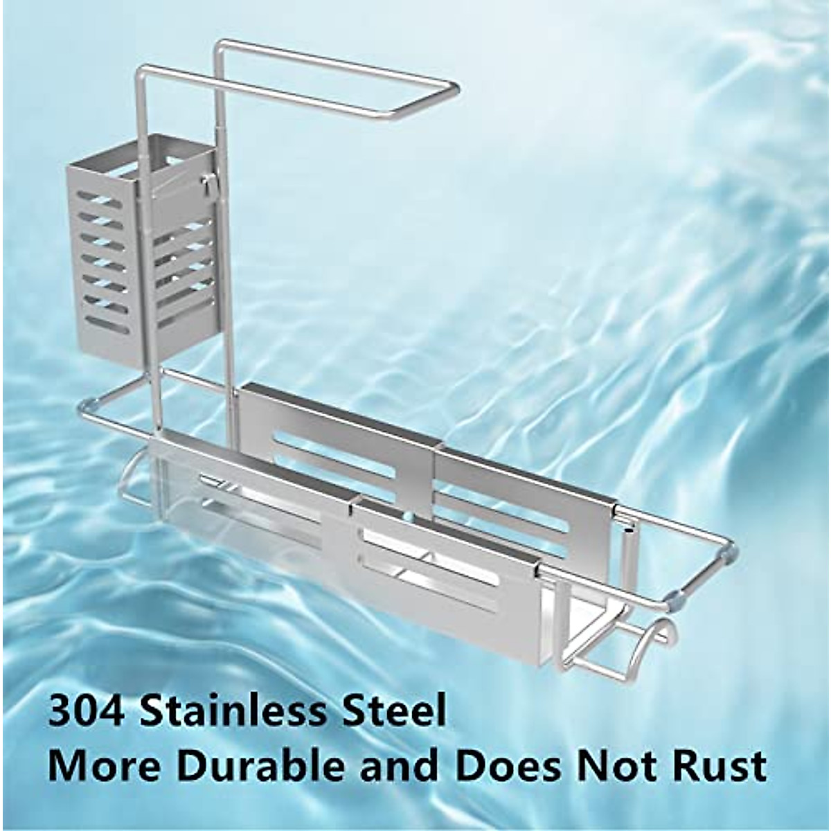 BEENLE 304 Stainless Steel Telescopic Sink Caddy Sponge Holder,Expandable Kitchen Sink Organizer Dish Drainer Rack Sink Tray Brush Soap Holder(14.6''-18.5''), Without Chopstick Holder